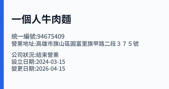 一個人牛肉麵的照片-統編 94675409(高雄市) 公司登記資料與營業項目詳細圖表
