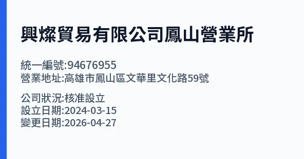 興燦貿易有限公司鳳山營業所的照片-統編 94676955(高雄市) 公司登記資料與營業項目詳細圖表