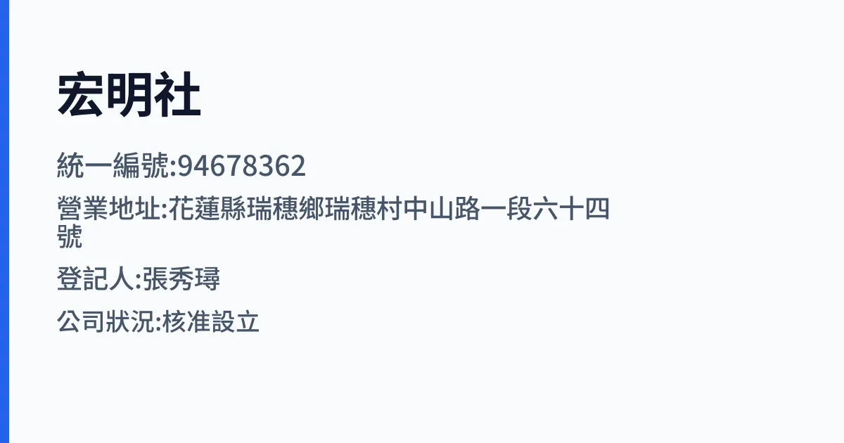 宏明社 - 統編 94678362(花蓮縣) 公司登記資料與營業項目詳細圖表