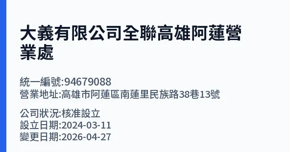 大義有限公司全聯高雄阿蓮營業處的照片-統編 94679088(高雄市) 公司登記資料與營業項目詳細圖表
