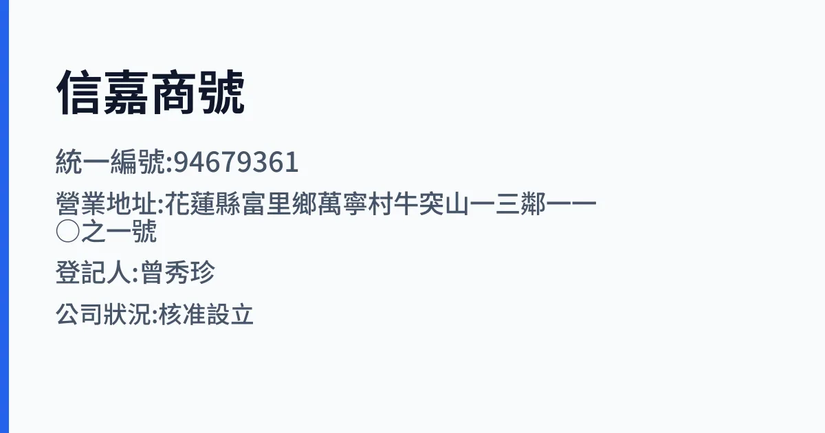 信嘉商號 - 統編 94679361(花蓮縣) 公司登記資料與營業項目詳細圖表