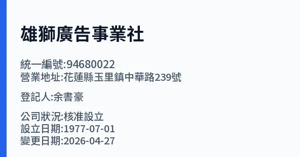 雄獅廣告事業社的照片-統編 94680022(花蓮縣) 公司登記資料與營業項目詳細圖表