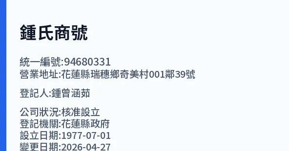 鍾氏商號的照片-統編 94680331(花蓮縣) 公司登記資料與營業項目詳細圖表