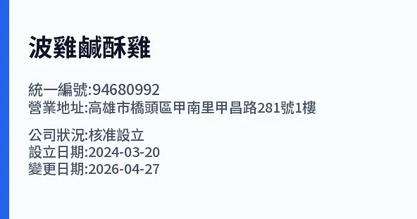 波雞鹹酥雞的照片-統編 94680992(高雄市) 公司登記資料與營業項目詳細圖表