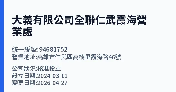 大義有限公司全聯仁武霞海營業處的照片-統編 94681752(高雄市) 公司登記資料與營業項目詳細圖表