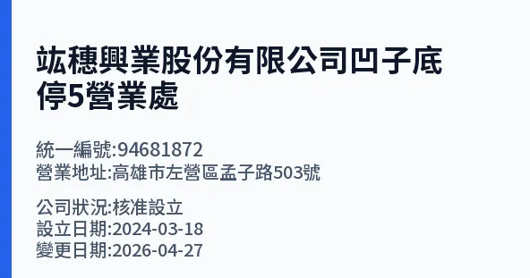 竑穗興業股份有限公司凹子底停5營業處的照片-統編 94681872(高雄市) 公司登記資料與營業項目詳細圖表