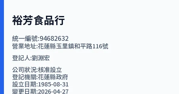 裕芳食品行的照片-統編 94682632(花蓮縣) 公司登記資料與營業項目詳細圖表