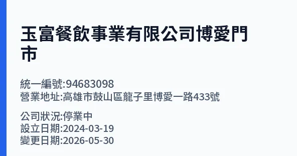 玉富餐飲事業有限公司博愛門市的照片-統編 94683098(高雄市) 公司登記資料與營業項目詳細圖表