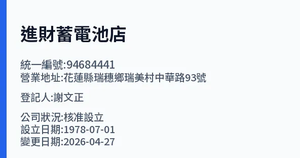 進財蓄電池店的照片-統編 94684441(花蓮縣) 公司登記資料與營業項目詳細圖表