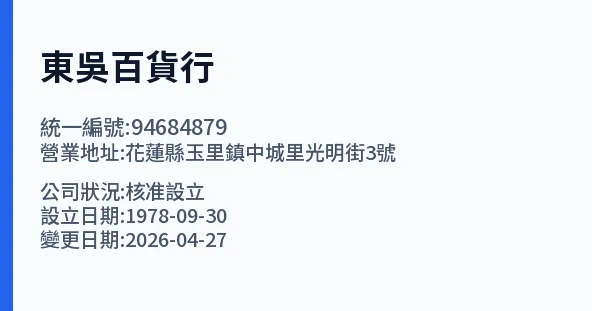 東吳百貨行的照片-統編 94684879(花蓮縣) 公司登記資料與營業項目詳細圖表