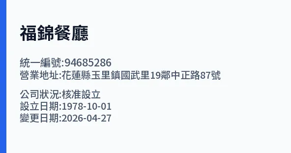 福錦餐廳的照片-統編 94685286(花蓮縣) 公司登記資料與營業項目詳細圖表