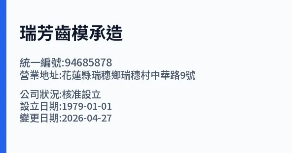 瑞芳齒模承造的照片-統編 94685878(花蓮縣) 公司登記資料與營業項目詳細圖表