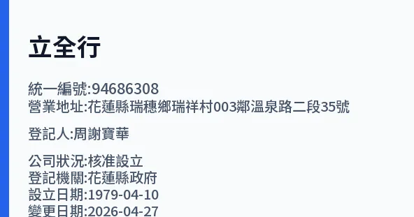 立全行的照片-統編 94686308(花蓮縣) 公司登記資料與營業項目詳細圖表