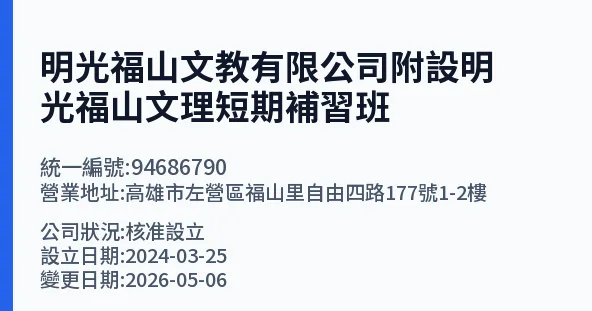 明光福山文教有限公司附設明光福山文理短期補習班的照片-統編 94686790(高雄市) 公司登記資料與營業項目詳細圖表
