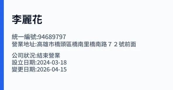 李麗花的照片-統編 94689797(高雄市) 公司登記資料與營業項目詳細圖表