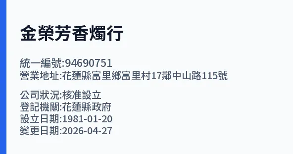 金榮芳香燭行的照片-統編 94690751(花蓮縣) 公司登記資料與營業項目詳細圖表