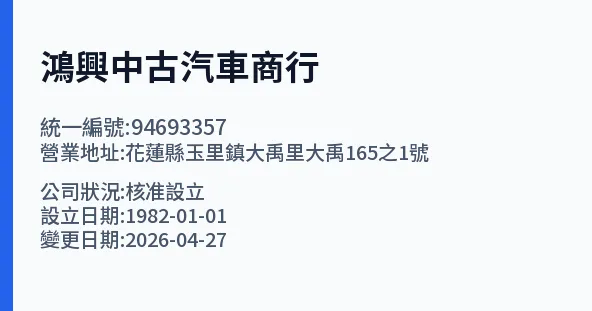 鴻興中古汽車商行的照片-統編 94693357(花蓮縣) 公司登記資料與營業項目詳細圖表