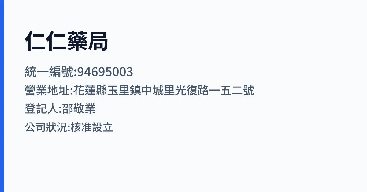 仁仁藥局 - 統編 94695003(花蓮縣) 公司登記資料與營業項目詳細圖表
