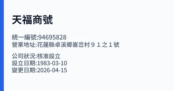 天福商號的照片-統編 94695828(花蓮縣) 公司登記資料與營業項目詳細圖表