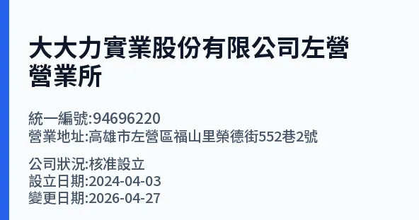 大大力實業股份有限公司左營營業所的照片-統編 94696220(高雄市) 公司登記資料與營業項目詳細圖表