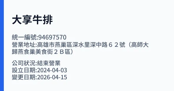 大享牛排的照片-統編 94697570(高雄市) 公司登記資料與營業項目詳細圖表