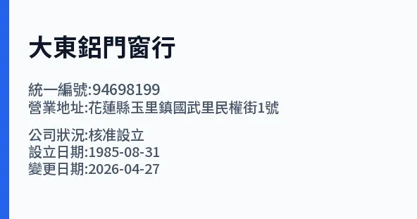 大東鋁門窗行的照片-統編 94698199(花蓮縣) 公司登記資料與營業項目詳細圖表