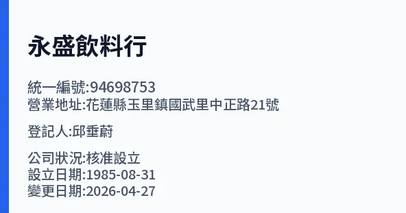 永盛飲料行的照片-統編 94698753(花蓮縣) 公司登記資料與營業項目詳細圖表