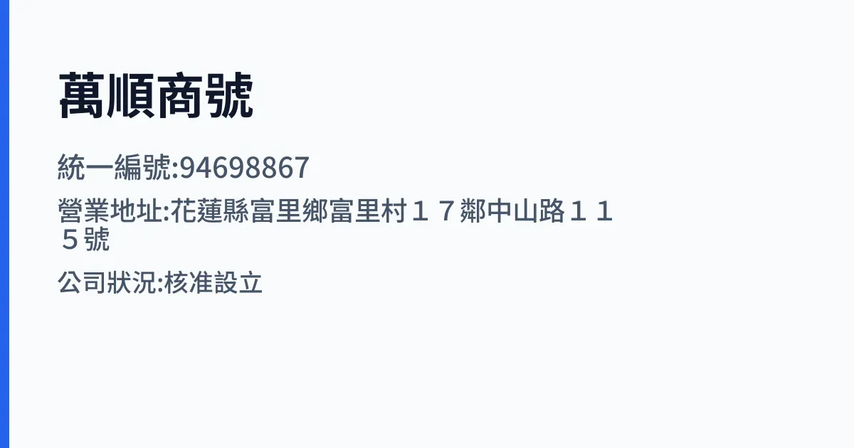 萬順商號 - 統編 94698867(花蓮縣) 公司登記資料與營業項目詳細圖表