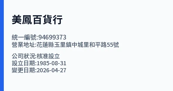 美鳳百貨行的照片-統編 94699373(花蓮縣) 公司登記資料與營業項目詳細圖表