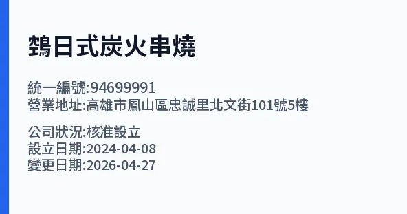 鵼日式炭火串燒的照片-統編 94699991(高雄市) 公司登記資料與營業項目詳細圖表