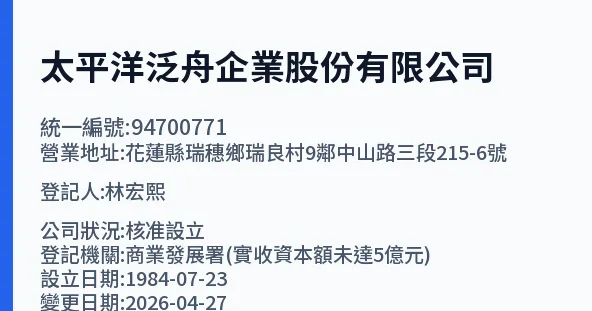 太平洋泛舟企業股份有限公司的照片-統編 94700771(花蓮縣) 公司登記資料與營業項目詳細圖表