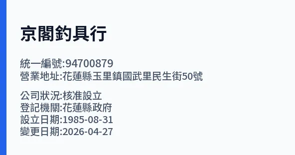 京閣釣具行的照片-統編 94700879(花蓮縣) 公司登記資料與營業項目詳細圖表