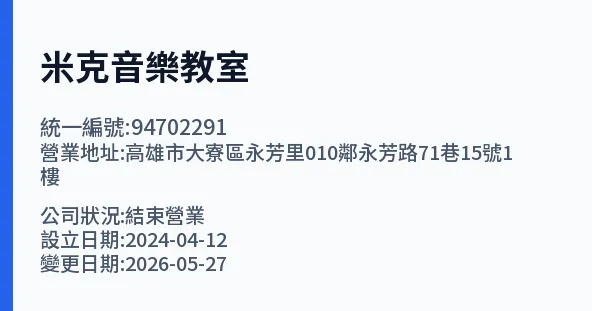 米克音樂教室的照片-統編 94702291(高雄市) 公司登記資料與營業項目詳細圖表