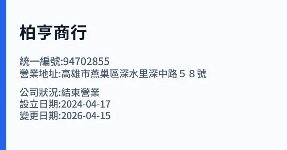 柏亨商行的照片-統編 94702855(高雄市) 公司登記資料與營業項目詳細圖表