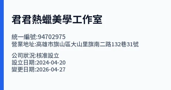 君君熱蠟美學工作室的照片-統編 94702975(高雄市) 公司登記資料與營業項目詳細圖表