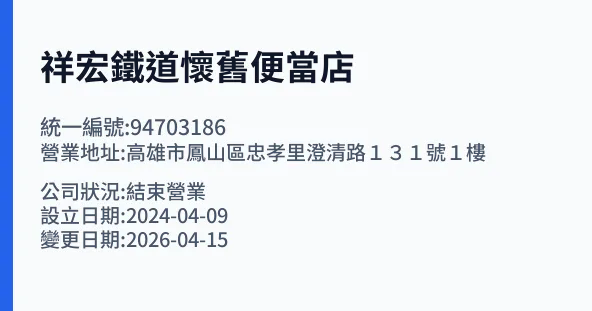 祥宏鐵道懷舊便當店的照片-統編 94703186(高雄市) 公司登記資料與營業項目詳細圖表