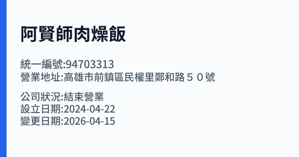 阿賢師肉燥飯的照片-統編 94703313(高雄市) 公司登記資料與營業項目詳細圖表