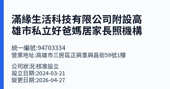 滿緣生活科技有限公司附設高雄市私立好爸媽居家長照機構的照片-統編 94703334(高雄市) 公司登記資料與營業項目詳細圖表