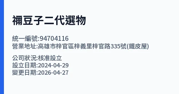 禰豆子二代選物的照片-統編 94704116(高雄市) 公司登記資料與營業項目詳細圖表