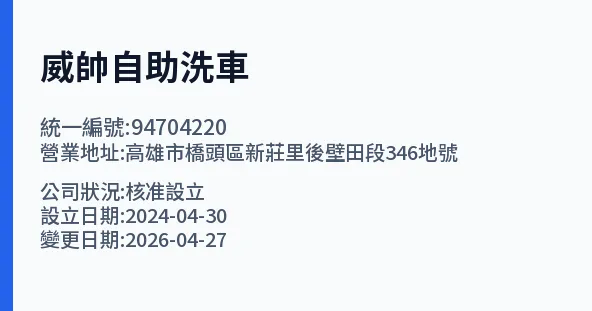 威帥自助洗車的照片-統編 94704220(高雄市) 公司登記資料與營業項目詳細圖表