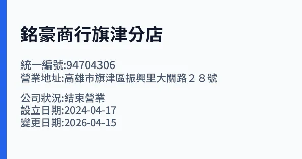 銘豪商行旗津分店的照片-統編 94704306(高雄市) 公司登記資料與營業項目詳細圖表