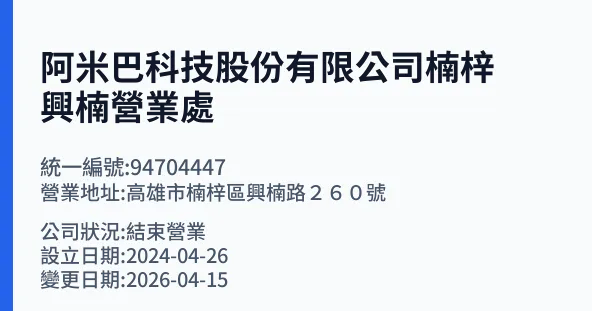 阿米巴科技股份有限公司楠梓興楠營業處的照片-統編 94704447(高雄市) 公司登記資料與營業項目詳細圖表