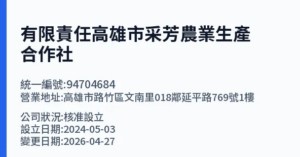 有限責任高雄市采芳農業生產合作社的照片-統編 94704684(高雄市) 公司登記資料與營業項目詳細圖表