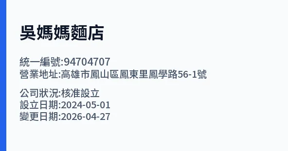 吳媽媽麵店的照片-統編 94704707(高雄市) 公司登記資料與營業項目詳細圖表