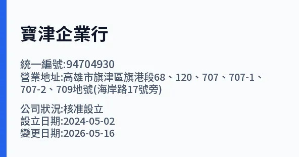 寶津企業行的照片-統編 94704930(高雄市) 公司登記資料與營業項目詳細圖表