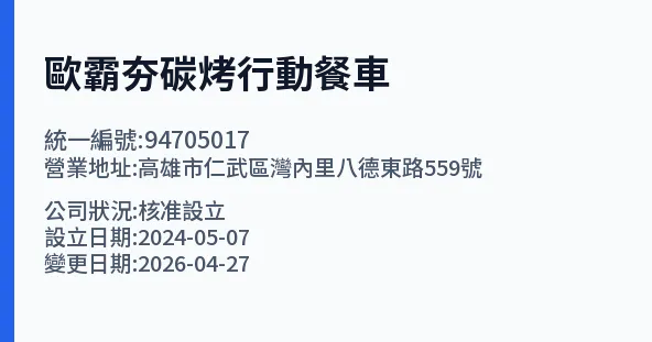 歐霸夯碳烤行動餐車的照片-統編 94705017(高雄市) 公司登記資料與營業項目詳細圖表