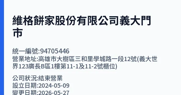 維格餅家股份有限公司義大門市的照片-統編 94705446(高雄市) 公司登記資料與營業項目詳細圖表