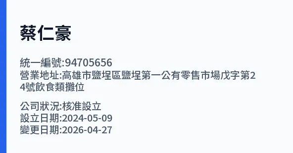 蔡仁豪的照片-統編 94705656(高雄市) 公司登記資料與營業項目詳細圖表