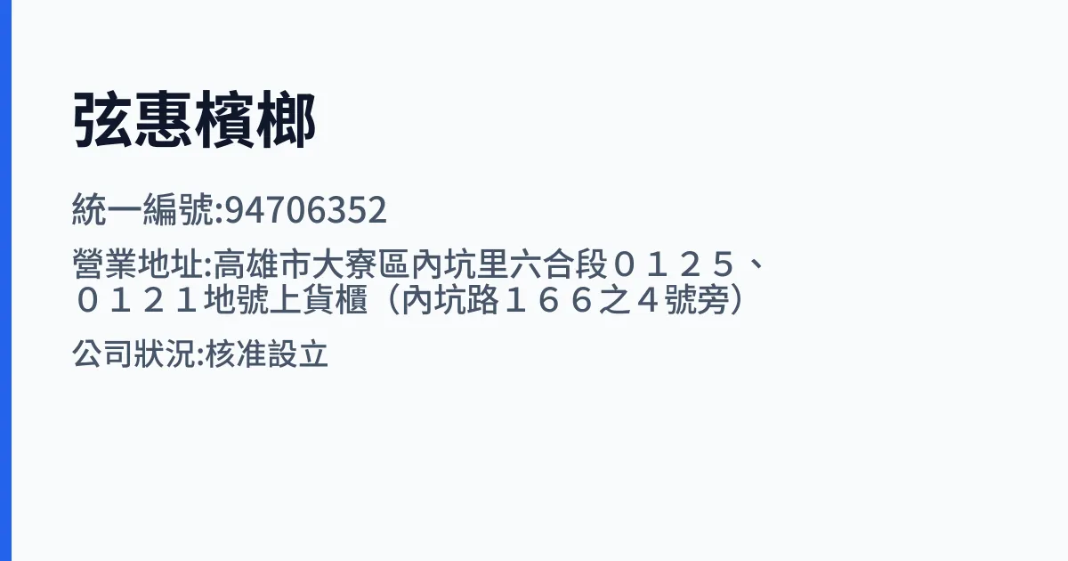 弦惠檳榔 - 統編 94706352(高雄市) 公司登記資料與營業項目詳細圖表