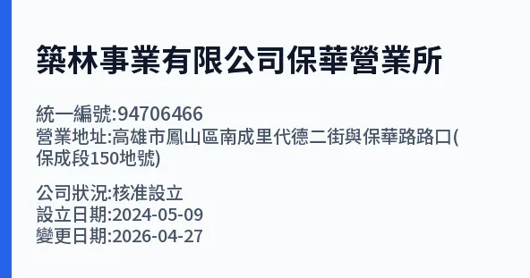 築林事業有限公司保華營業所的照片-統編 94706466(高雄市) 公司登記資料與營業項目詳細圖表